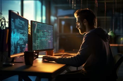 Premium Photo Young Programmer Sits At A Computer With Two Monitors