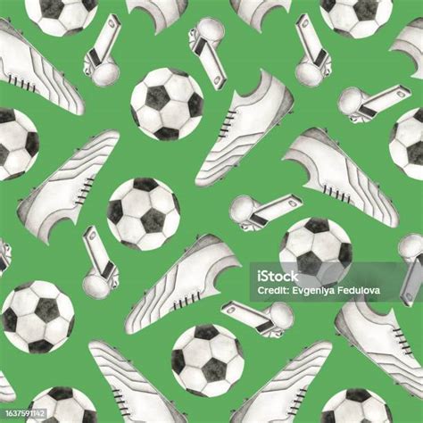 축구공 축구화 휘파람 원활한 패턴 수채화 손으로 그린 그림입니다 격리 스포츠 장비 축구 클럽 스포츠 용품 매장 포스터 및 엽서 디자인 Championship에 대한 스톡