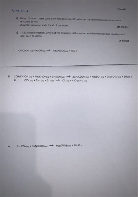 Solved 3 Marks Question 4 A Using Oxidation States Chegg Com