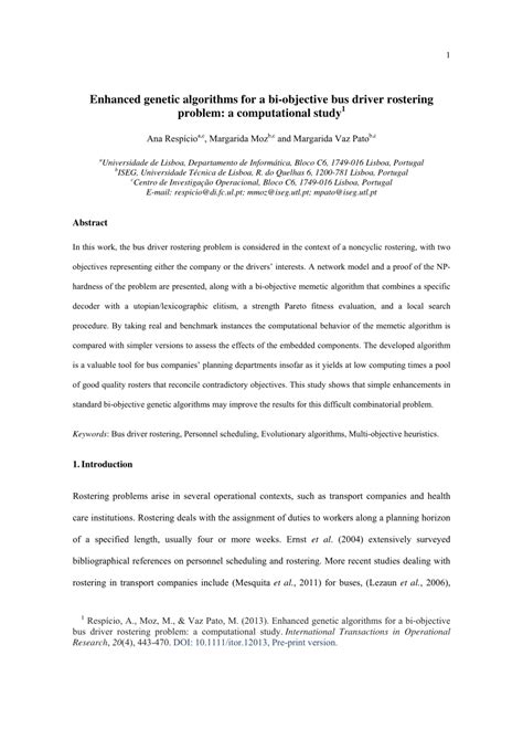 pdf enhanced genetic algorithms for a bi objective bus driver