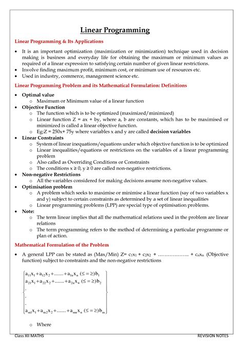 Solution Chapter 12 Linear Programming Revision Notes Studypool