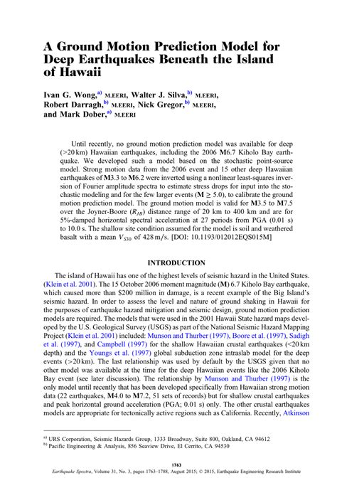 Pdf A Ground Motion Prediction Model For Deep Earthquakes Beneath The