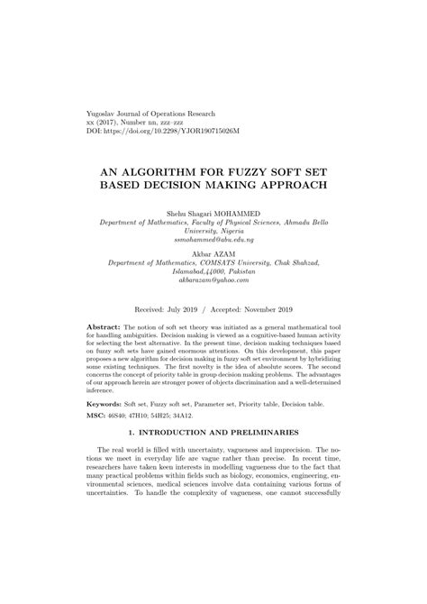 Pdf An Algorithm For Fuzzy Soft Set Based Decision Making Approach