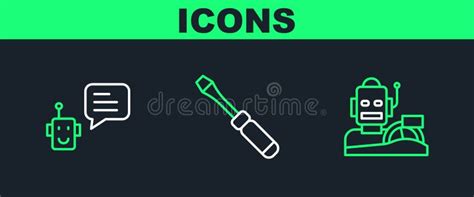Set Line Robot Humanoid Driving A Car Bot And Screwdriver Icon Vector Stock Illustration
