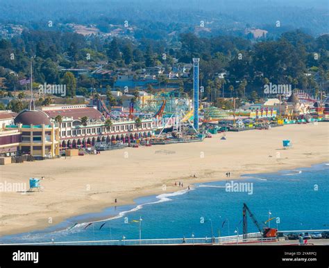 Aerial View Of Santa Cruz Beach Boardwalk And Coastal Landscape Stock