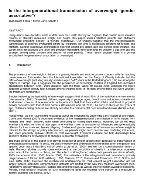Is The Intergenerational Transmission Of Overweight Gender Assortative