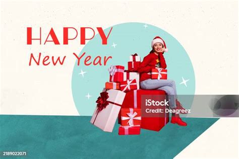 서식 파일 콜라주 디자인 트렌드 삽화 3d 스케치 아가씨 앉아 말뚝 선물 상자 선물 착용 모자 겨울 시즌 새해 복 많이 받으세요