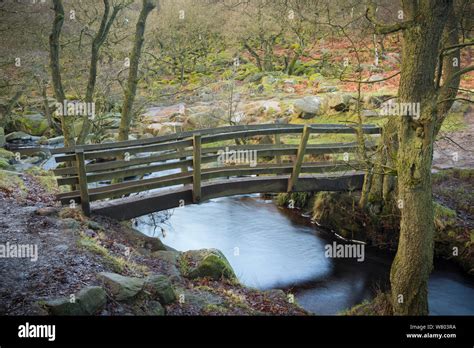 Wooden Footbridge Over Burbage Brook With The Ancient Woodland Of
