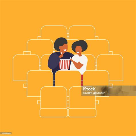 뚱뚱한 뚱뚱한 부부는 영화 과체중 아프리카계 미국인 남자 여자 먹는 팝콘 건강에 해로운 영양 비만 개념 평면 초상화를 보고