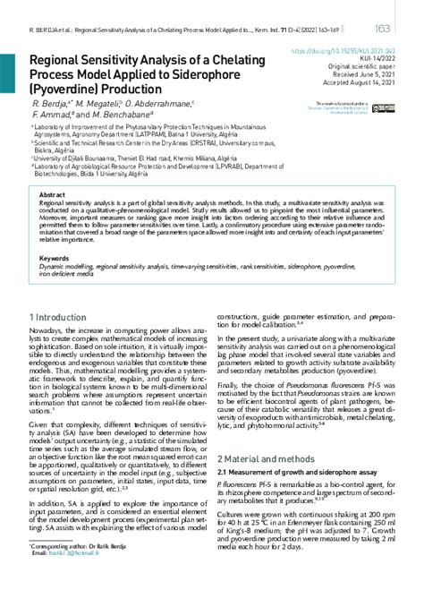 Pdf Regional Sensitivity Analysis Of A Chelating Process Model