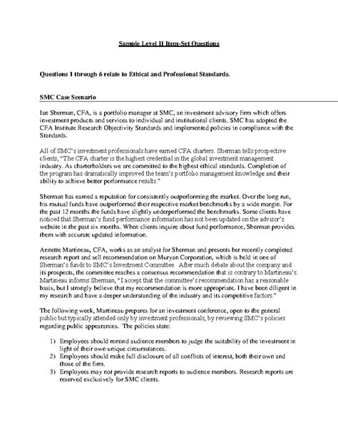 CFA Level II Item Set Questions Sample Level II Item Set Questions Questions Through