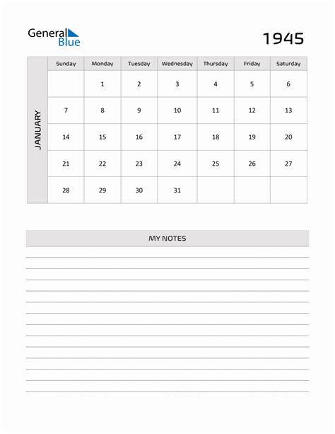 January 1945 Printable Monthly Calendar With Notes