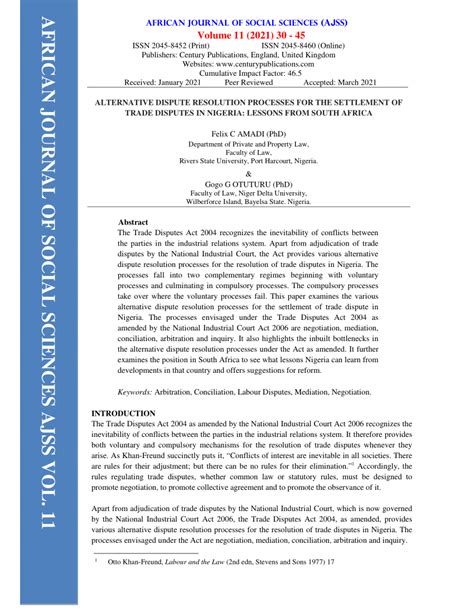 Pdf Alternative Dispute Resolution Processes For The Settlement Of Trade Disputes In Nigeria
