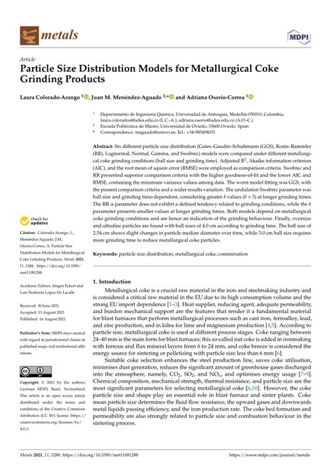 pdf particle size distribution models for metallurgical coke grinding