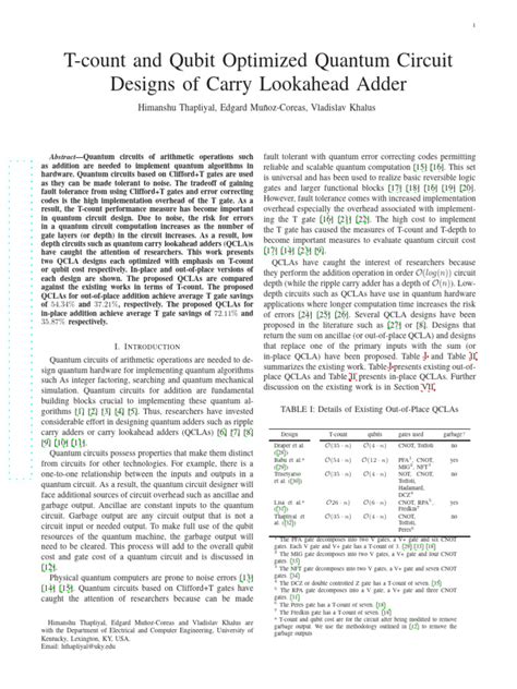 2004 01826 T Count And Qubit Optimized Quantum Circuit Designs Of Carry
