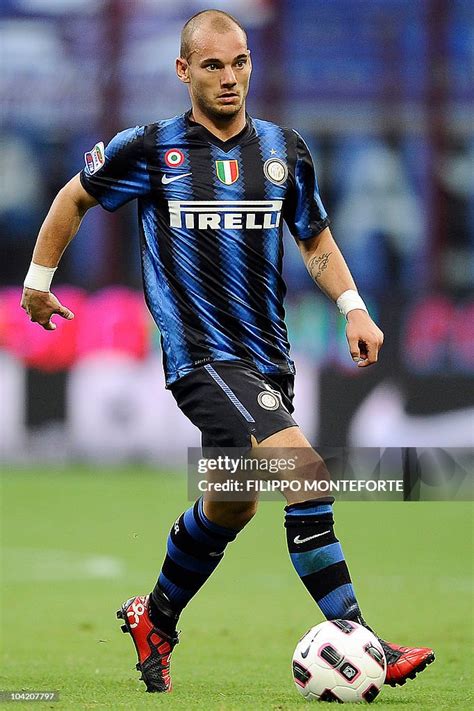 Inter Milans Dutch Forward Wesley Sneijder Plays The Ball During