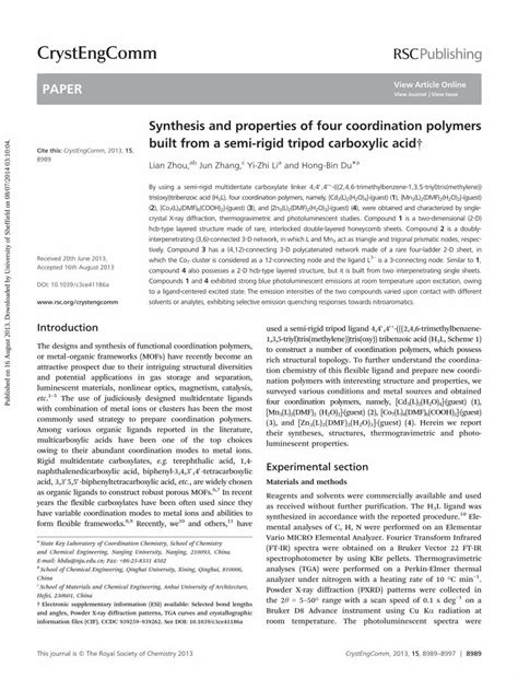 Pdf Synthesis And Properties Of Four Coordination Polymers Built From A Semi Rigid Tripod