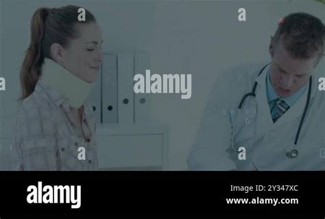 Consulting Patient With Neck Brace Doctor With Binary Code And Data