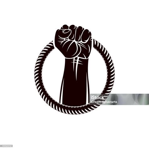 강한 남자의 근육 쥔된 주먹의 벡터 그림을 제기 하 고 밧줄에 의해 둘러싸여 혁명 지도자 개념 남북 전쟁 추상 그림입니다 Championship에 대한 스톡 벡터 아트 및