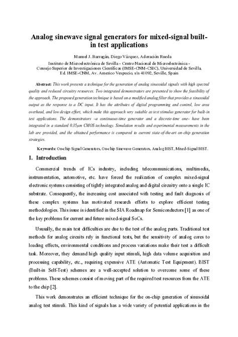 Pdf Analog Sinewave Signal Generators For Mixed Signal Built In Test