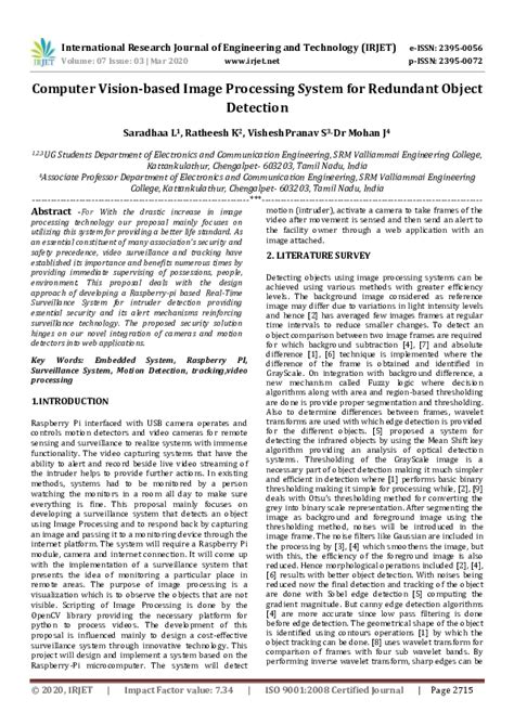 Pdf Irjet Computer Vision Based Image Processing System For