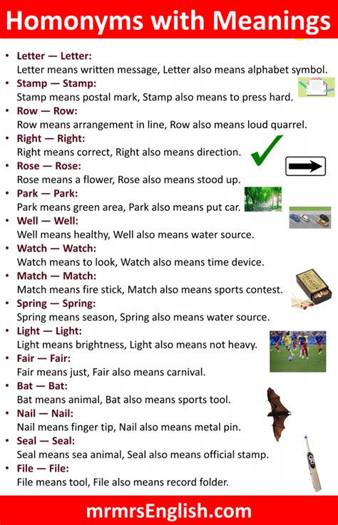 100 Homonyms And Their Meanings In English With Pictures Mr Mrs English