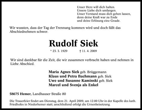 Traueranzeigen Von Rudolf Siek Trauer In Nrw De