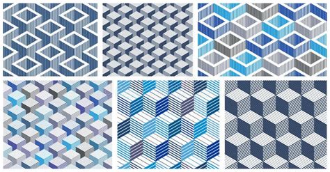 Geometric D Seamless Patterns With Lined Cubes Stripy Boxes Blocks Vector Backgrounds Set