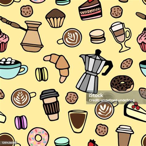 다른 커피와 디저트 요소와 벡터 원활한 패턴 포장지 벽지 직물을위한 귀여운 손으로 그린 디자인 0명에 대한 스톡 벡터 아트 및