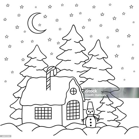 손 그리기 마 집 울타리 뒤 성인과 어린이 위한 책 페이지를 착 색 겨울 나라 풍경집 달 별 전나무 나무 눈사람 별에 대한 스톡 벡터 아트 및 기타 이미지 Istock