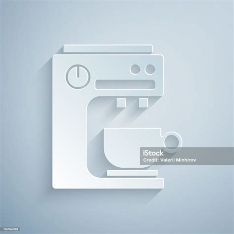 회색 배경에 격리 된 종이 잘라 커피 기계 아이콘 종이 아트 스타일 벡터 3차원 형태에 대한 스톡 벡터 아트 및 기타 이미지 3차원 형태 가정 생활 가정 주방