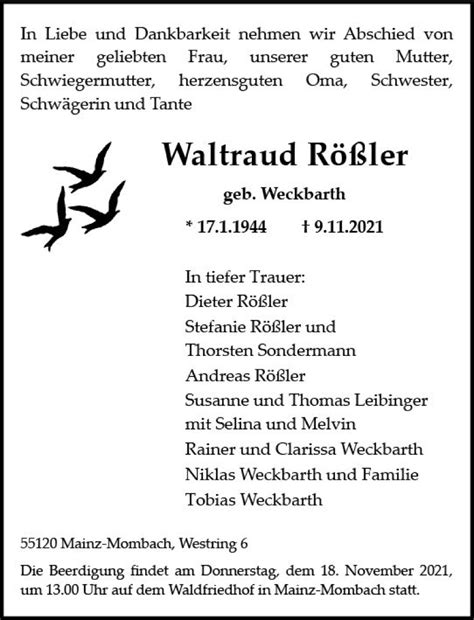 Traueranzeigen Von Waltraud Rößler Vrm Trauerde