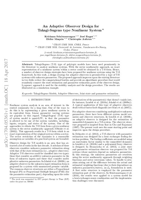 Pdf An Adaptive Observer Design For Takagi Sugeno Type Nonlinear System The Work Was