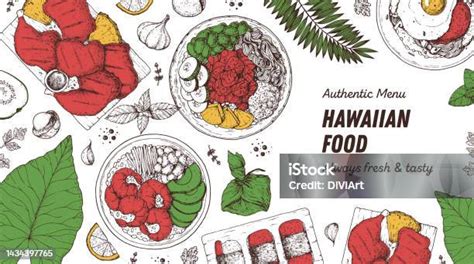 하와이 음식 상위 뷰 벡터 삽화 음식 메뉴 디자인 서식 파일입니다 손으로 그린 스케치 하와이 음식 메뉴 빈티지 스타일 훌리 치킨