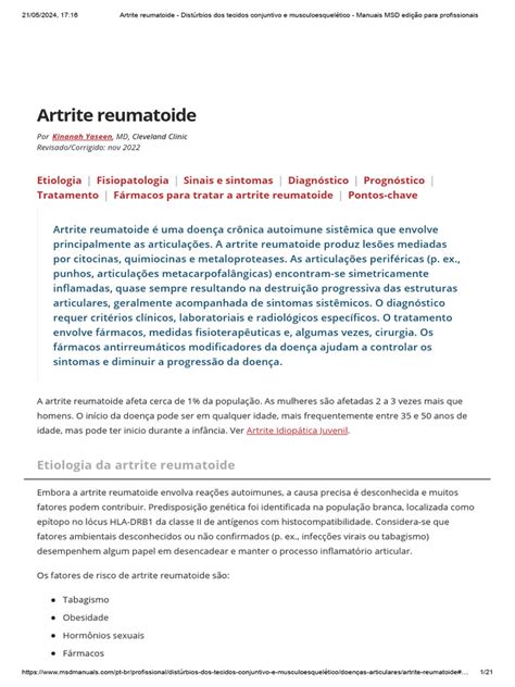 Artrite Reumatoide Distúrbios Dos Tecidos Conjuntivo E Musculoesquelético Manuais Msd Edição