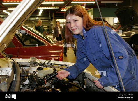 Motor Vehicle Technology NVQ Female Babe Working On Car Engine At Sixth Form College Workshop