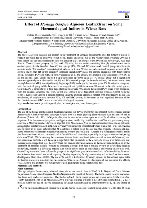 Pdf Effect Of Moringa Oleifera Aqueous Leaf Extract On Some