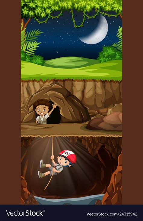 Boy Scout Exploring The Cave Royalty Free Vector Image
