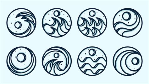 오션 웨이브 로고 디자인의 독점 세트 로고 기호 또는 웨이브 아이콘의 프리미엄 컬렉션 크리에이티브하고 미니멀리스트 오션 웨이브 로고 템플릿 현대 라인 아트 바다 물 파도