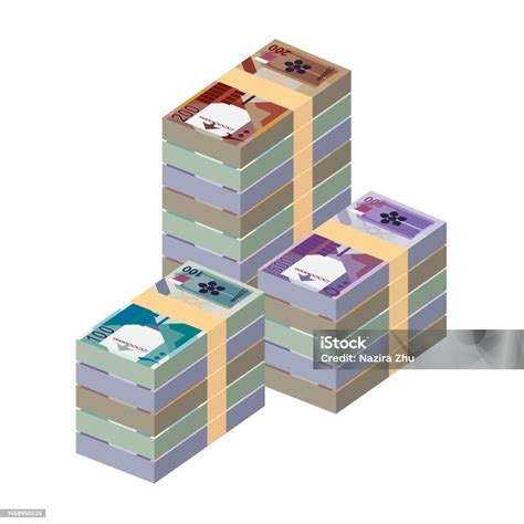 카타르 리알 벡터 일러스트 레이 션입니다 카타르 머니 세트 번들 지폐 지폐 100 200 500 Qar 플랫 스타일 흰색 배경에 격리 심플한 미니멀 디자인 0명에 대한 스톡