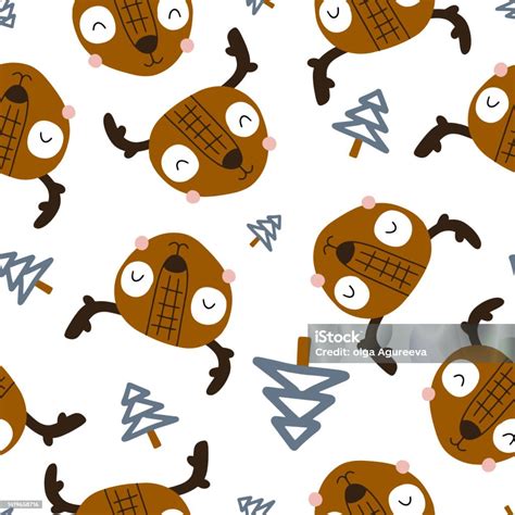 흰색 배경에 귀여운 사슴이있는 완벽한 패턴 보육원 또는 섬유 장식을위한 벡터 일러스트 레이 션 0명에 대한 스톡 벡터 아트 및 기타 이미지 Istock