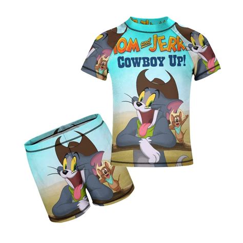 Tom And Jerry Boys 2 Piece Swimsuit Set Short Sleeve Rash Guard And Swim