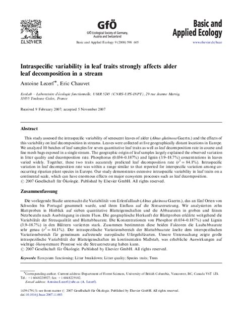 Pdf Intraspecific Variability In Leaf Traits Strongly Affects Alder