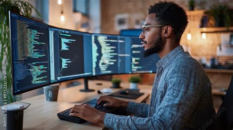 Young Professional Coding On Multiple Curved Monitors With Ai Suggesting Code Improvements Work