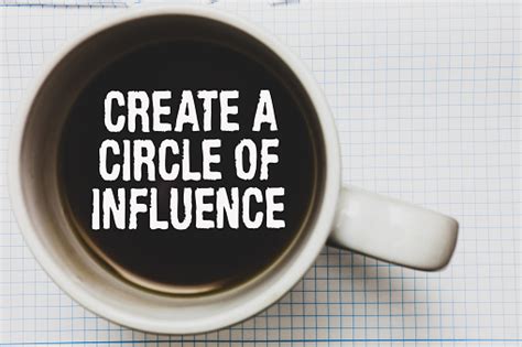 영향의 A 서클 만들기를 보여주는 글을 참고 비즈니스 사진 보여주는 Influencer 지도자 백서에 일부 흰색 텍스트를 떠 있는 블랙 커피와 커피잔 다른 사람들은 동기