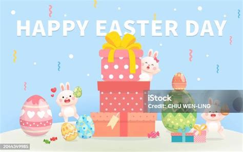 그려진 달걀 부활절 전통 종교 행사 벡터 일러스트 레이션 요소 인사말 카드 또는 포스터를 축하하는 귀여운 장난기 토끼와 쌓인 선물 상자 공휴일에 대한 스톡 벡터 아트 및