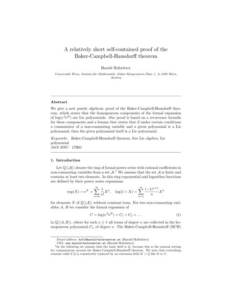 Pdf A Relatively Short Self Contained Proof Of The Baker Campbell Hausdorff Theorem