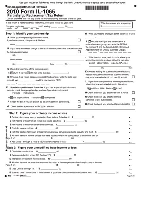 Fillable Form Il 1065 Partnership Replacement Tax Return 2010