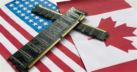 Graphics Card With Processor And Microchip With Flags Of The Usa And Canada Concept For Global