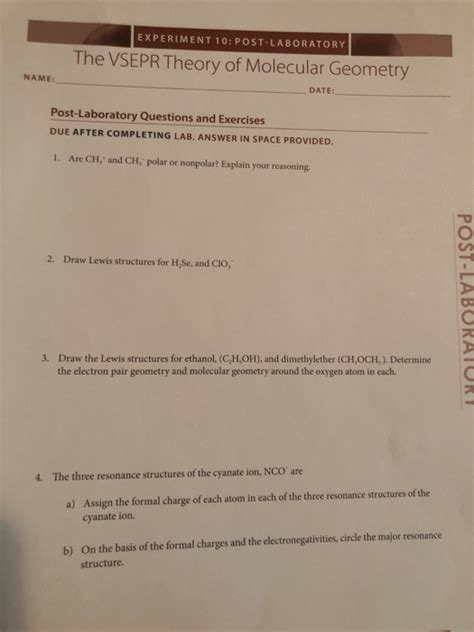 Solved EXPERIMENT 10 POST LABORATORY The VSEPR Theory Of Chegg Com